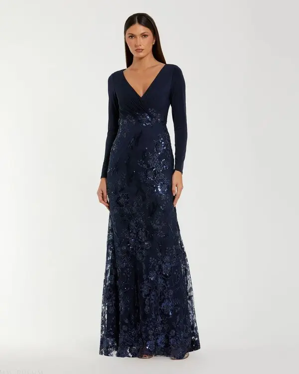Mac Duggal Embellished Long Sleeve Wrap Over Trumpet Gown
