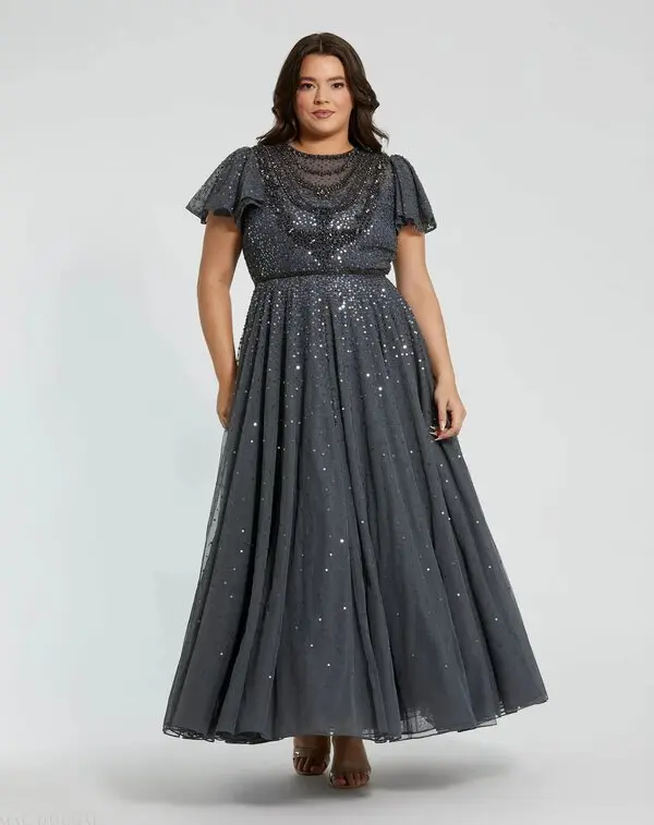 Mac Duggal Embellished Flutter Sleeve Evening Gown