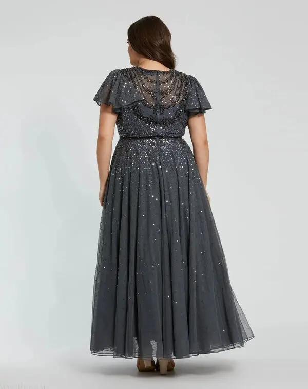 Mac Duggal Embellished Flutter Sleeve Evening Gown