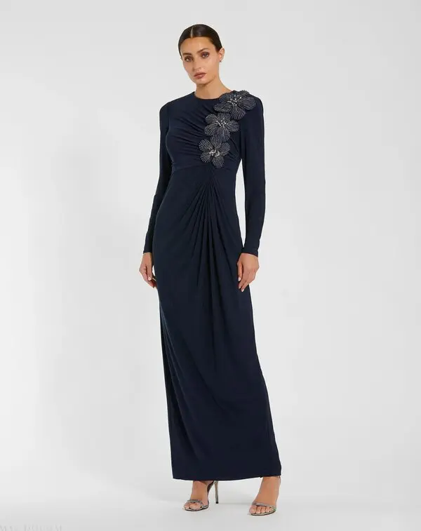 Mac Duggal Jersey Long Sleeve Fitted Gown With 3d Flowers