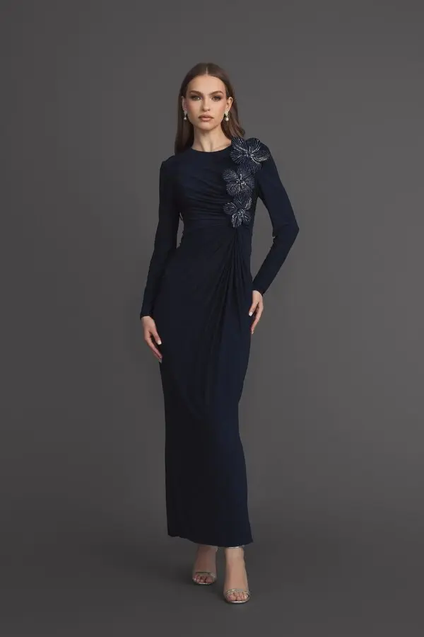Mac Duggal Jersey Long Sleeve Fitted Gown With 3d Flowers