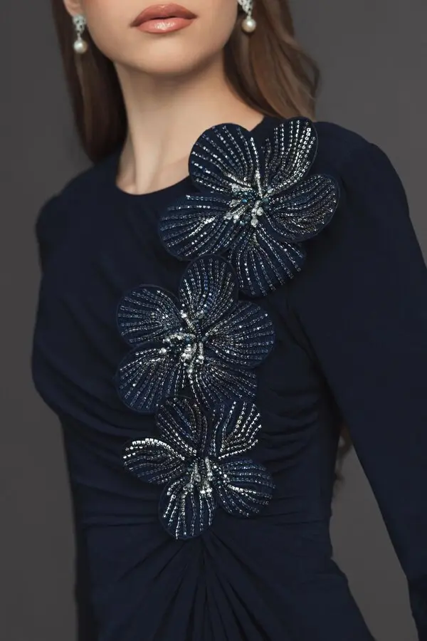 Mac Duggal Jersey Long Sleeve Fitted Gown With 3d Flowers