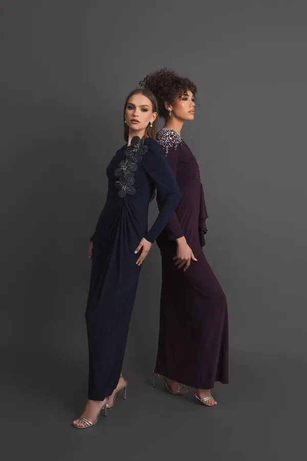 Mac Duggal Jersey Long Sleeve Fitted Gown With 3d Flowers