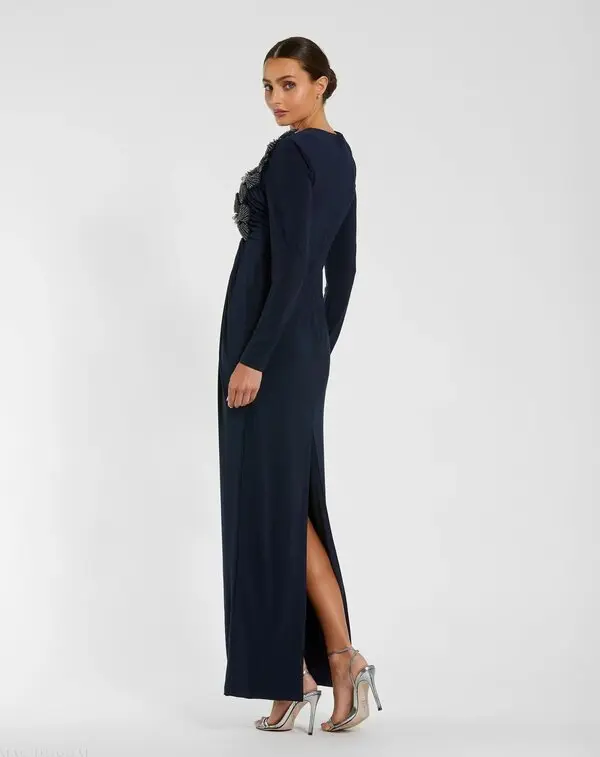 Mac Duggal Jersey Long Sleeve Fitted Gown With 3d Flowers