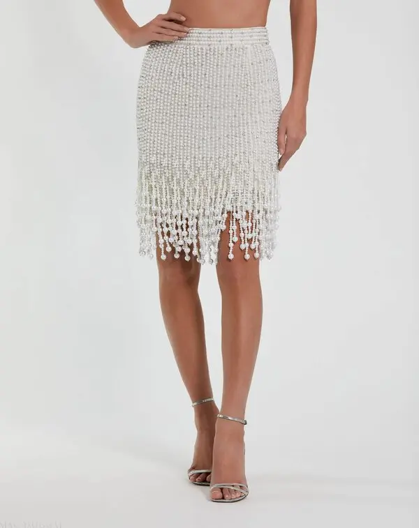 Mac Duggal White Pearl Beaded Mini Skirt