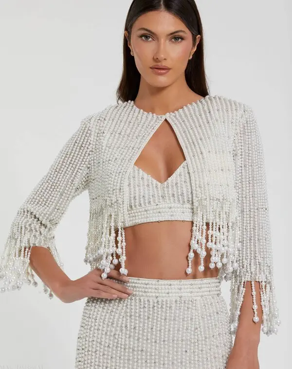Mac Duggal White Pearl Beaded Cropped Jacket