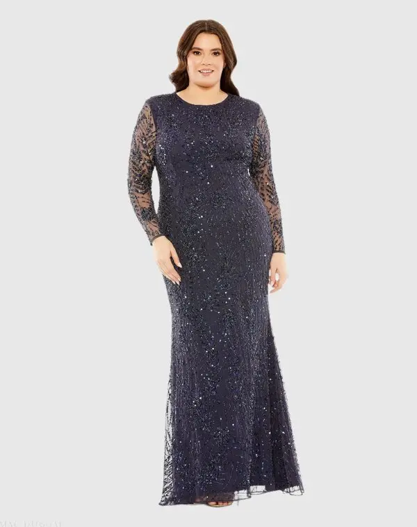 Mac Duggal Long Sleeve Embellished Mesh Gown