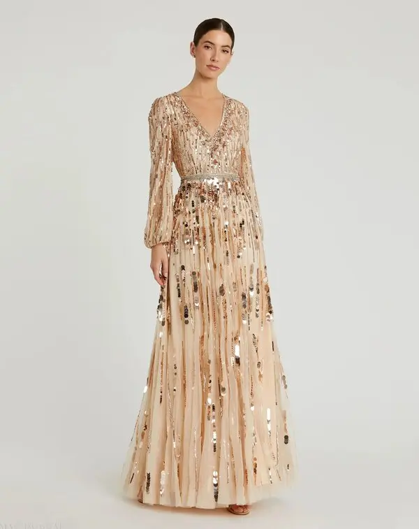 Mac Duggal Embellished Mesh Long Sleeve Gown