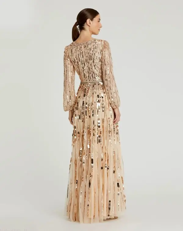 Mac Duggal Embellished Mesh Long Sleeve Gown