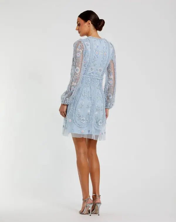 knee length dresses for ladies Mac Duggal Women's Embellished Long Flare Sleeve Mesh A-Line Dress - Blue - Size 8 main image 0