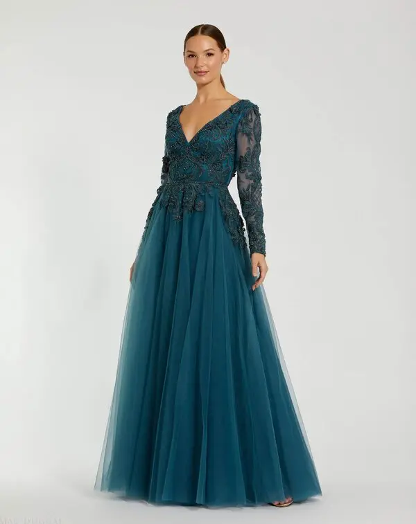 Mac Duggal Embellished Tulle Gown With Long Sleeves