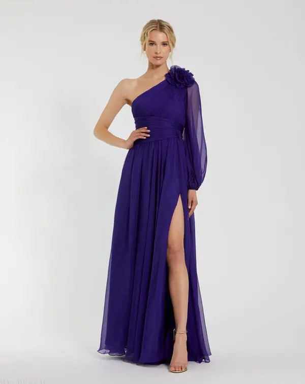 Mac Duggal One-shoulder Gown With 3d Flower Detail And Thigh-high Slit - Indigo