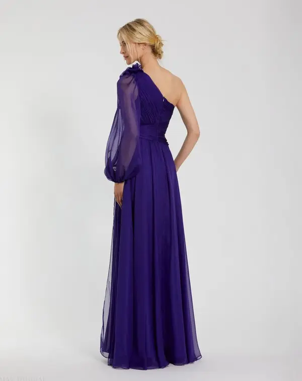 Mac Duggal One-shoulder Gown With 3d Flower Detail And Thigh-high Slit - Indigo
