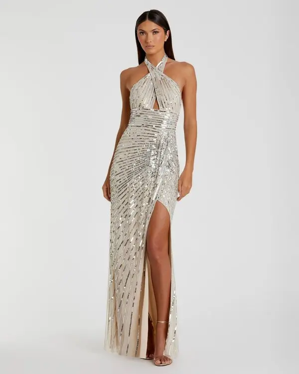 Mac Duggal Sequin Halter Keyhole Column Gown - Sand/silver