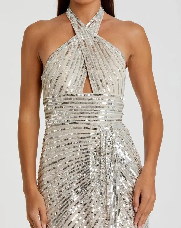 Mac Duggal Sequin Halter Keyhole Column Gown - Sand/silver