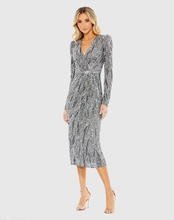 Mac Duggal Long Sleeve V Neck Beaded Cocktail Dress