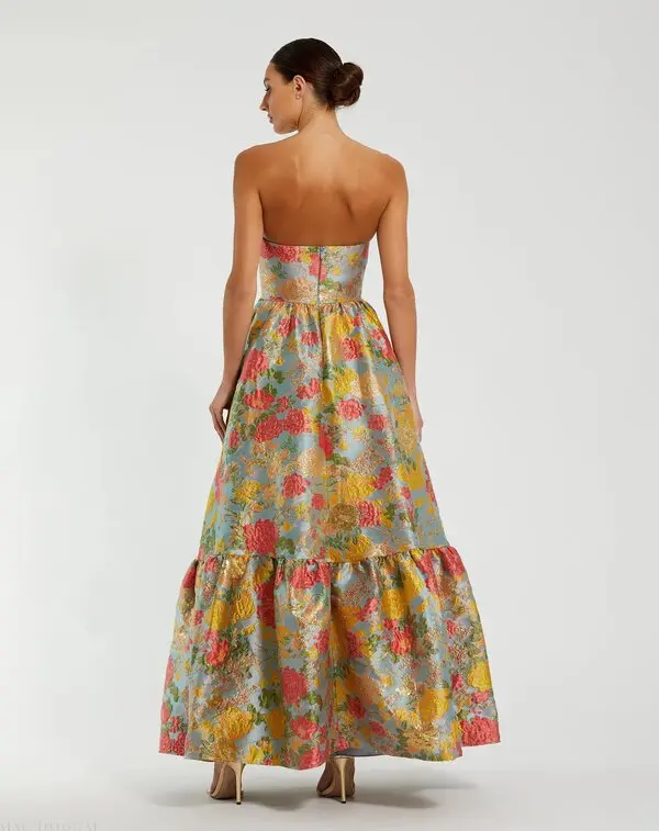Mac Duggal Floral Brocade Strapless Maxi Dress - Turquoise Multi