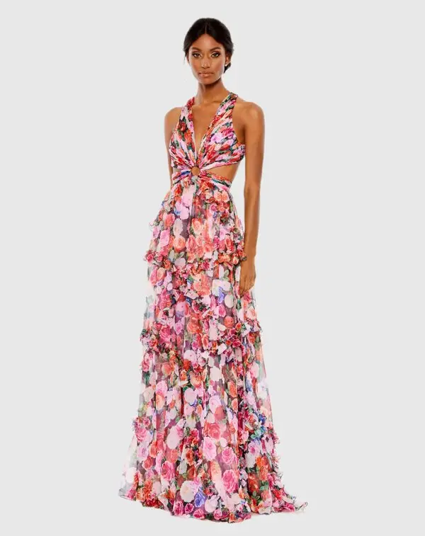 Mac Duggal Floral Printed Sleeveless Gown