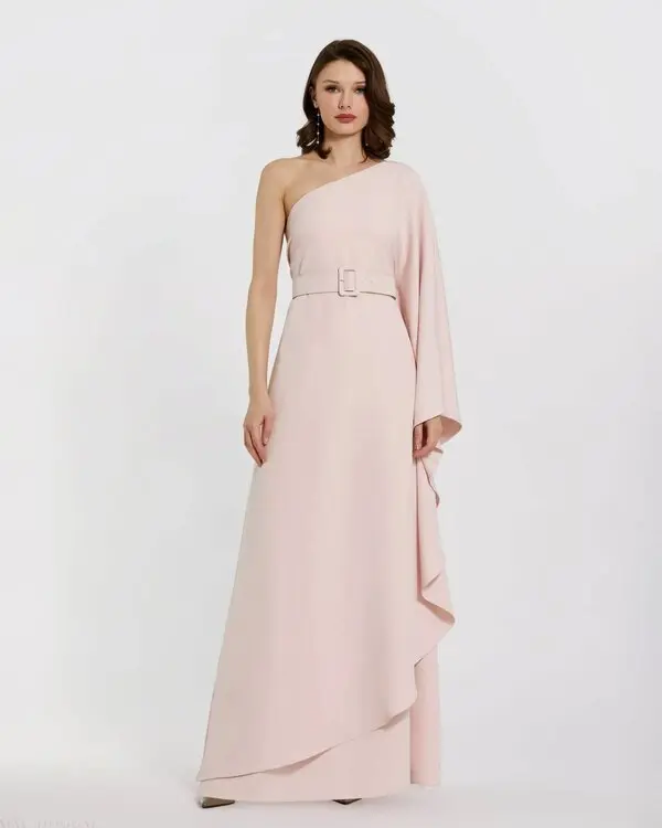 Mac Duggal Crepe One-shoulder Belted Kaftan Gown
