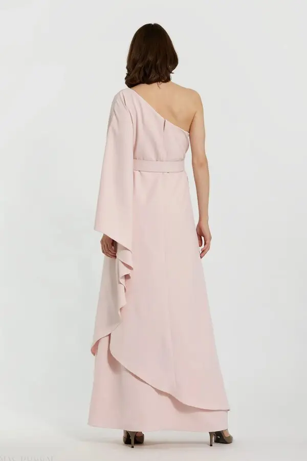 Mac Duggal Crepe One-shoulder Belted Kaftan Gown