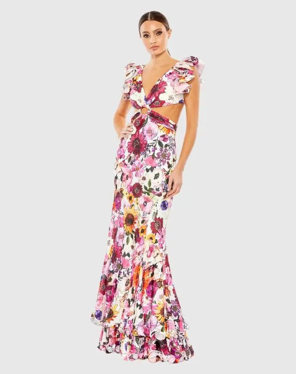 Mac Duggal Floral Print Ruffle Shoulder Cut Out Gown - White Multi