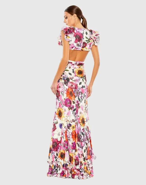 Mac Duggal Floral Print Ruffle Shoulder Cut Out Gown