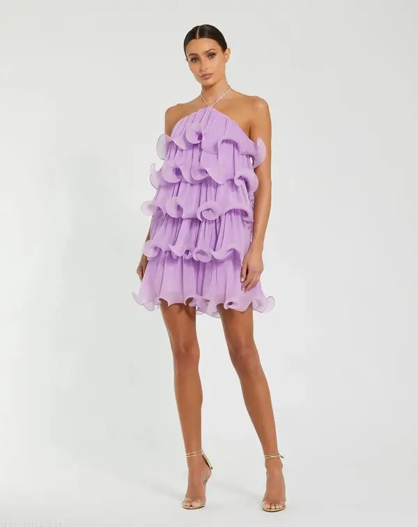 Mac Duggal Crinkle Chiffon Tiered Ruffle Mini Dress