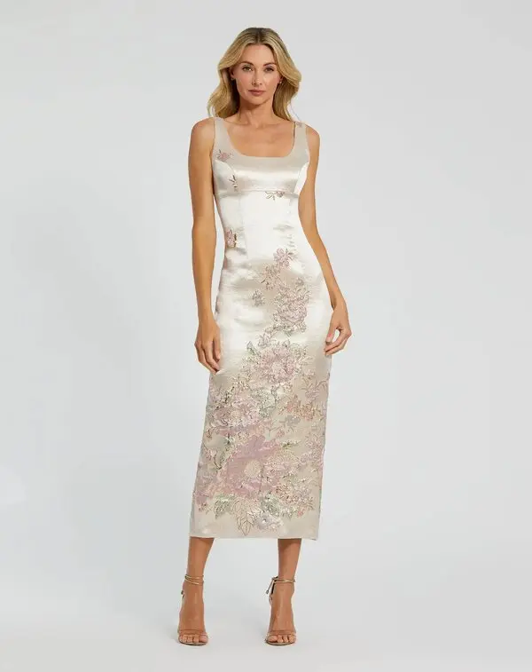 Mac Duggal Slim Strap Scoop Neck Bustier Brocade Midi Dress - Champagne Multi