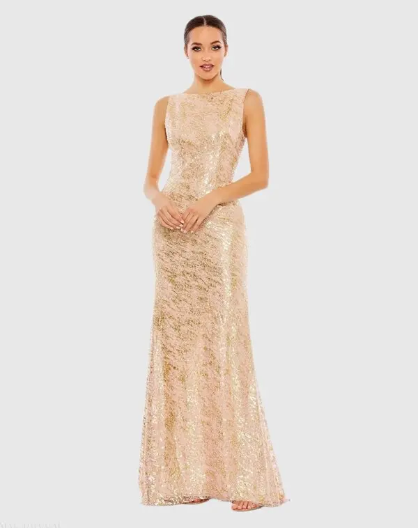 Mac Duggal Metallic Sequin Boat Neck Gown With Cowl Back - Blush