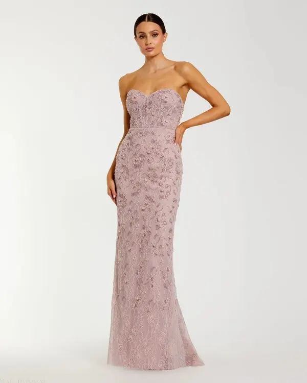 Mac Duggal Embellished Strapless Bustier Gown With Train - Pink