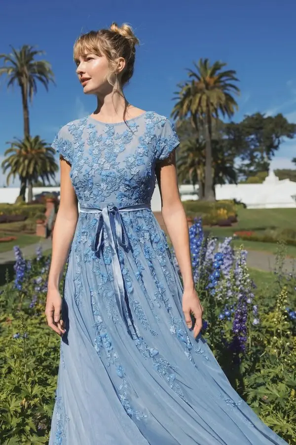 Mac Duggal Floral Embellished Cap Sleeve Gown - Blue