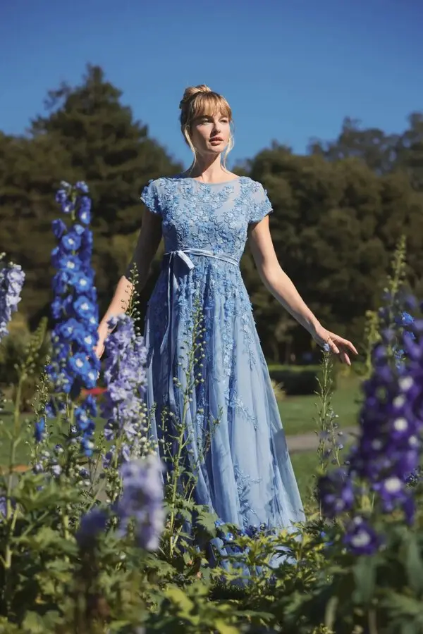 Mac Duggal Floral Embellished Cap Sleeve Gown - Blue