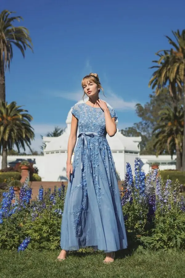 Mac Duggal Floral Embellished Cap Sleeve Gown - Blue