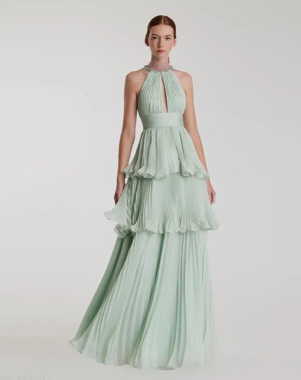 Mac Duggal Chiffon Tiered Gown With Beaded High Neckline - Mint