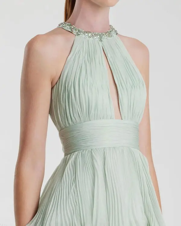 Mac Duggal Chiffon Tiered Gown With Beaded High Neckline - Mint