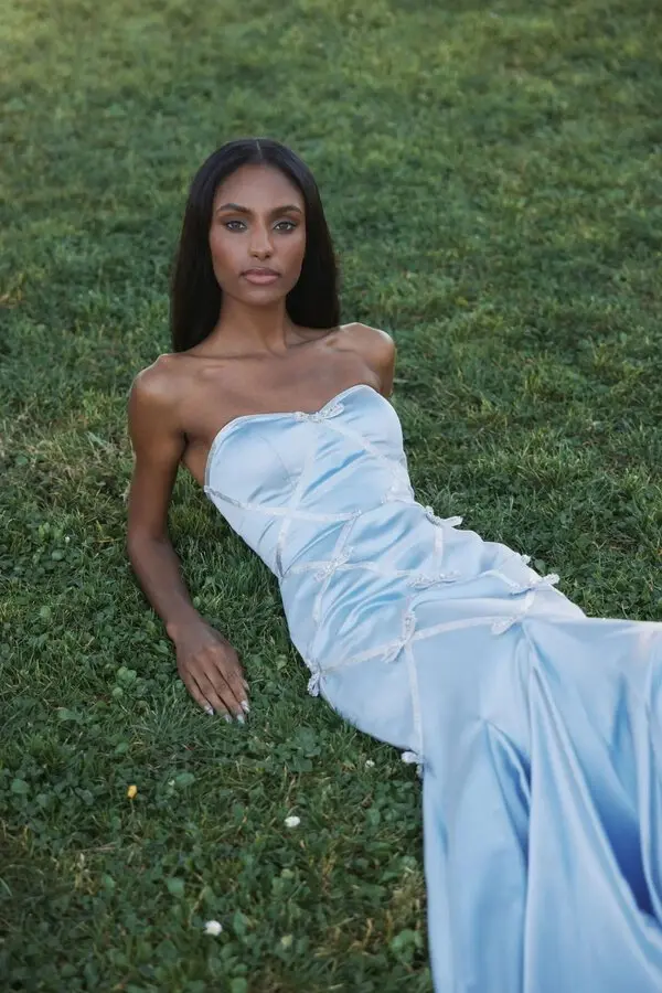 Mac Duggal Satin Trumpet Gown With Bow Detail In Powder Blue Silver |  Editorialist
