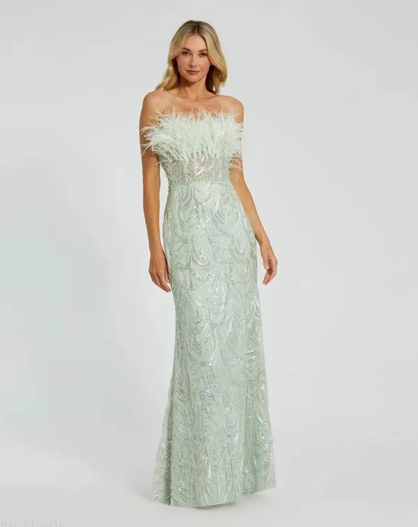 Mac Duggal Embellished Strapless Feather Bustier Gown