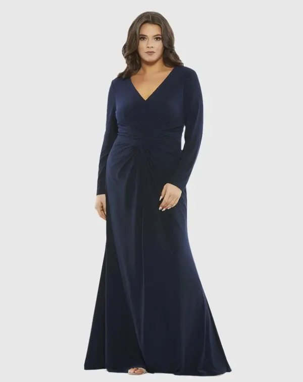Mac Duggal Front Twist Long Sleeve V-neck Gown