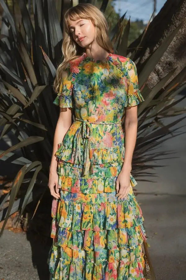 Mac Duggal Floral Tiered Ruffle Chiffon Maxi Dress - Green