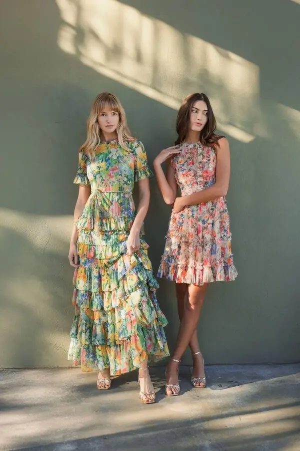 Mac Duggal Floral Tiered Ruffle Chiffon Maxi Dress - Green