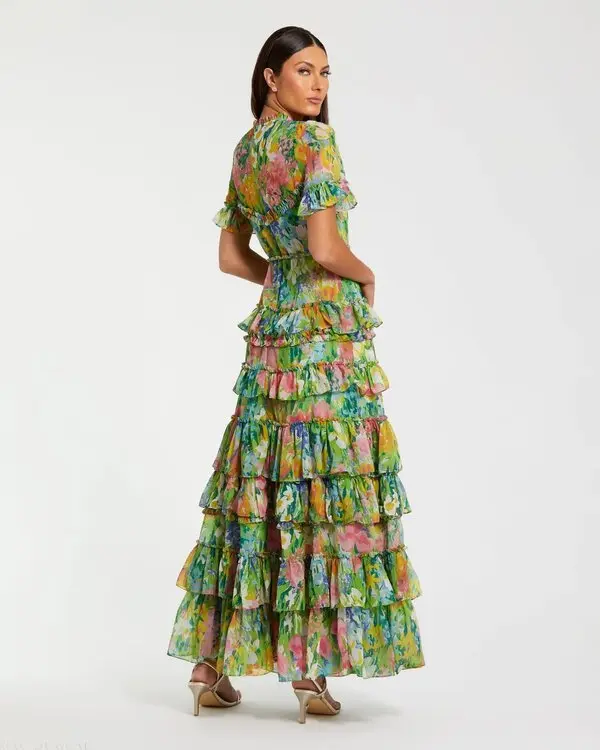 Mac Duggal Floral Tiered Ruffle Chiffon Maxi Dress - Green