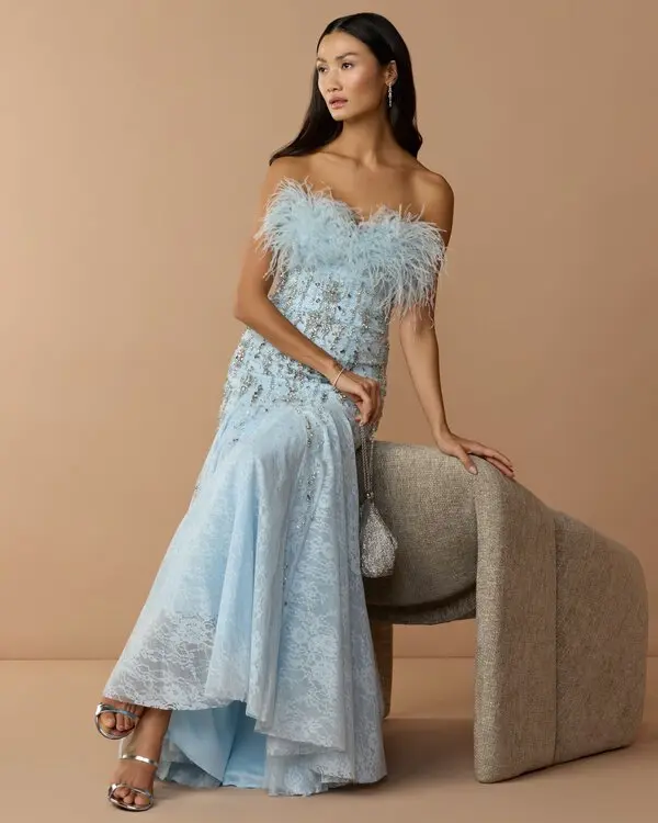Mac Duggal Embellished Strapless Feathered Mermaid Gown - Powder Blue