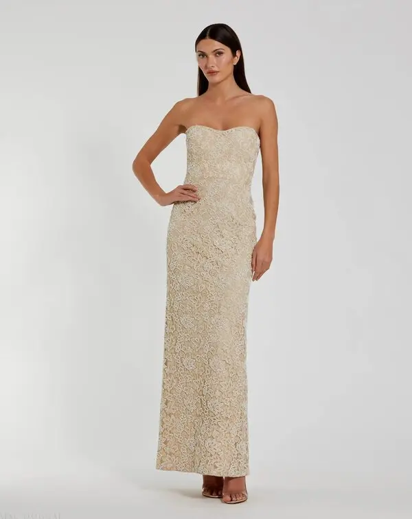 Mac Duggal Strapless Beaded Lace Column Gown