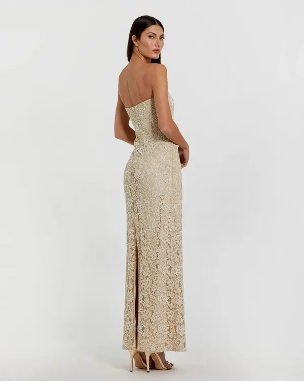 Mac Duggal Strapless Beaded Lace Column Gown