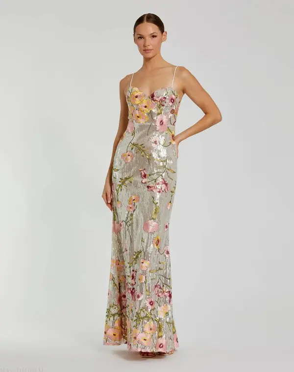 Mac Duggal Sleeveless Floral Applique Sequin Gown