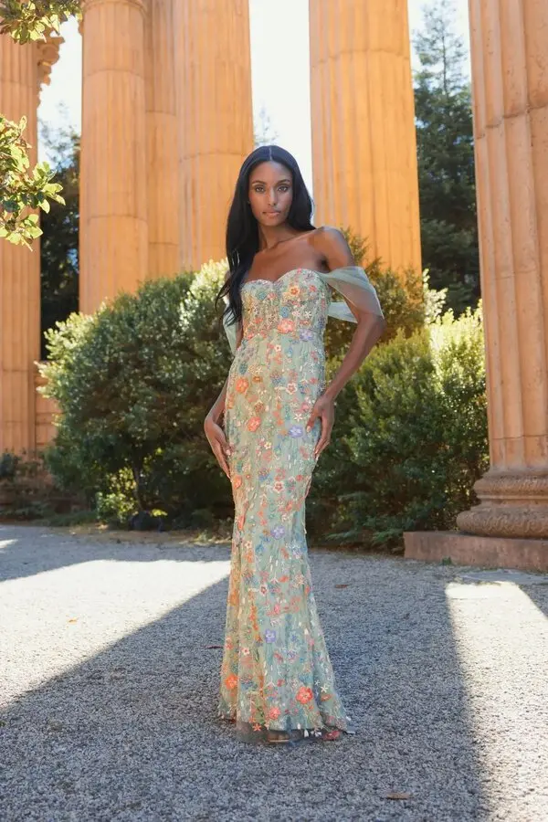 Mac Duggal Embroidered Floral Column Gown With Tulle Straps - Sage Multi |  Editorialist