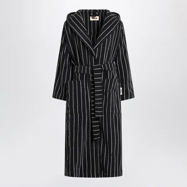 TEKLA Bathrobe With White Stripes - Black
