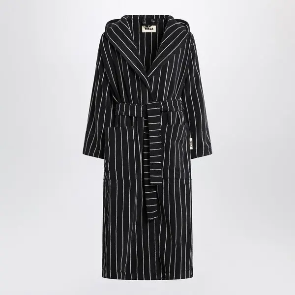 TEKLA Bathrobe With White Stripes - Black