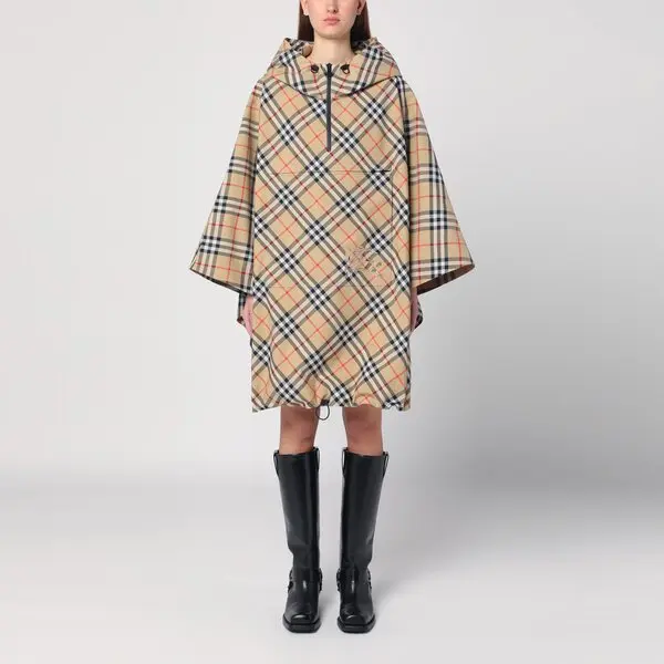 Burberry Checked Poncho With Drawstring Hood - Beige