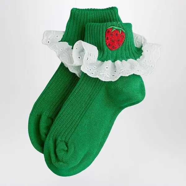 MINI RODINI Embroidered Strawberry Socks With Lace - Green